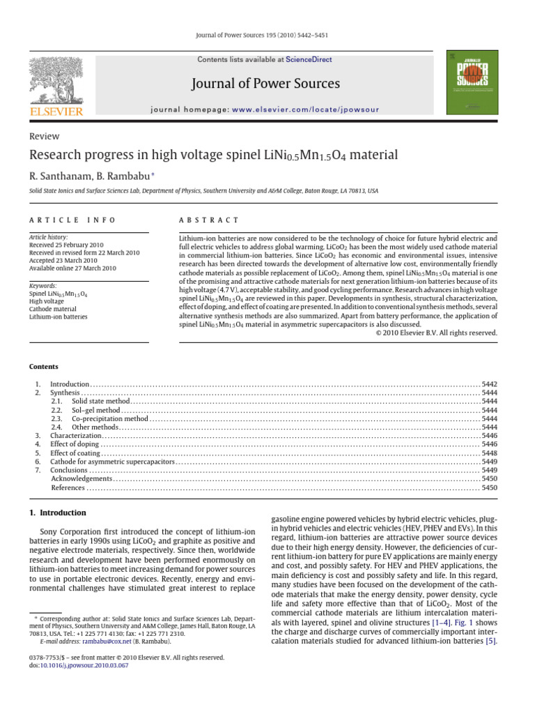 Recent Progress in High Voltage Spinel LiNi0.5Mn1.5O4 Material | PDF | Lithium Ion Battery ...