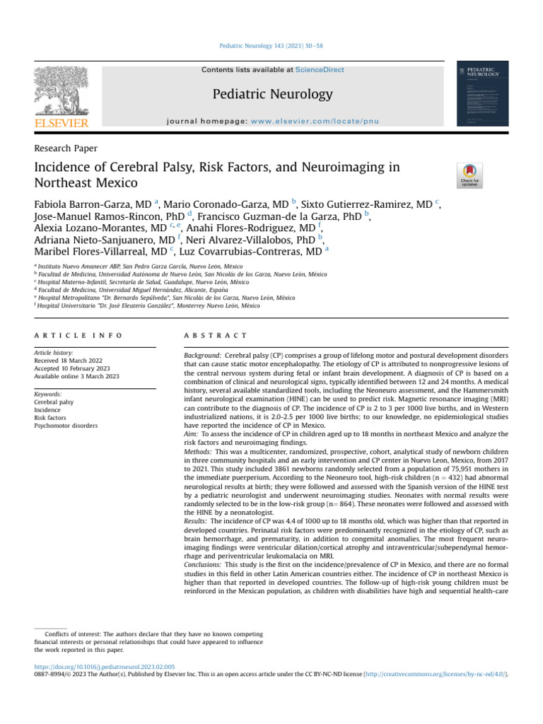Incidence of Cerebral Palsy, Risk Factors and Neuroimaging. Elsevier ...