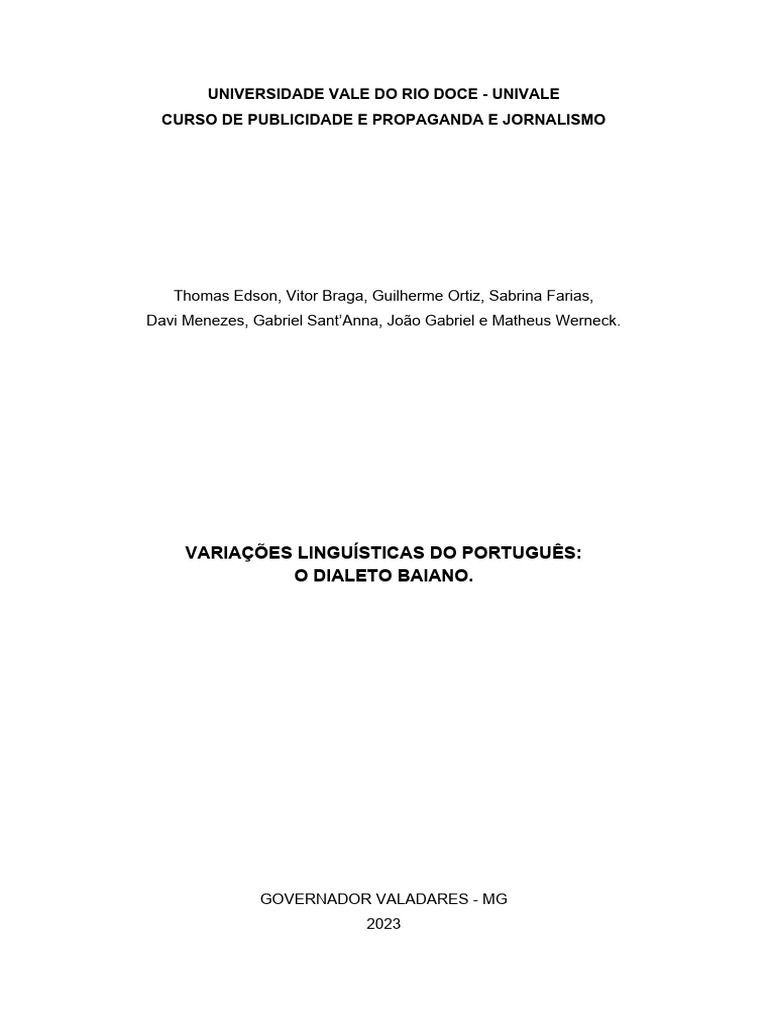 VARIAÇÕES LINGUÍSTICAS DO PORTUGUÊS: O DIALETO BAIANO. | PDF ...