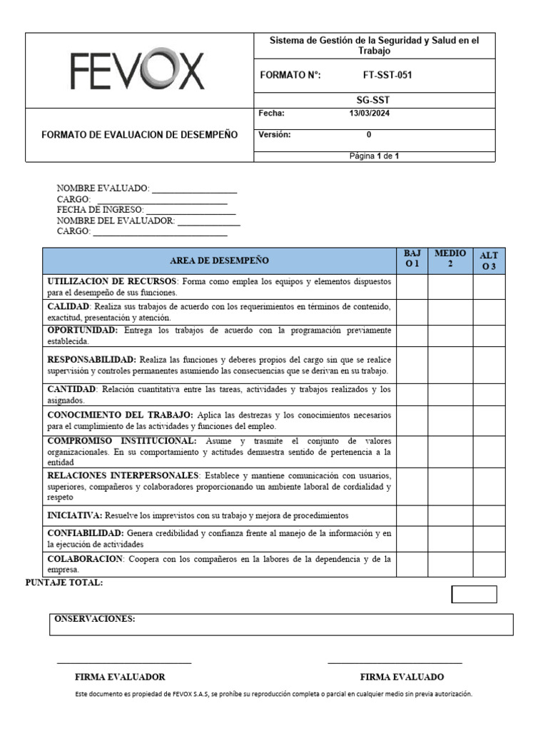 FT-SST-051 Formato Evaluacion de desempeño | PDF | Evaluación | Business