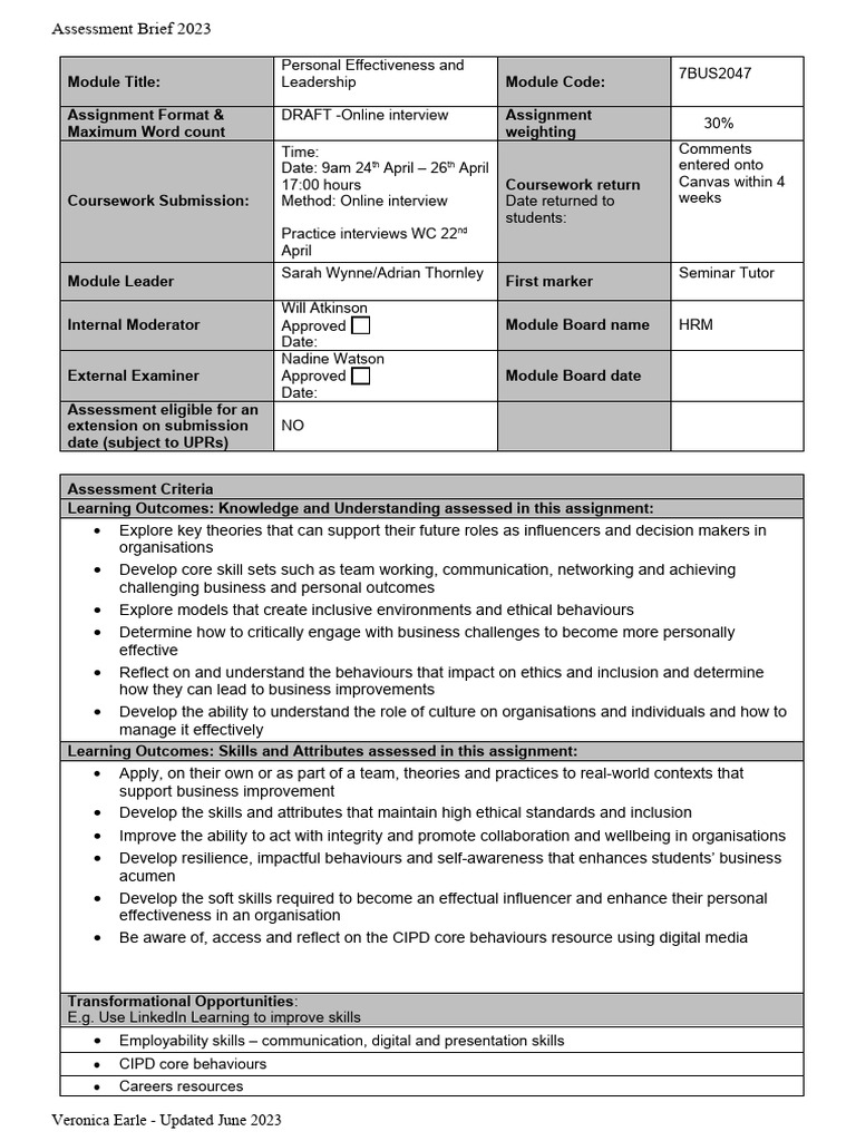 DRAFT - Assessment Brief Assessment 2 - Online Interview (2 ...