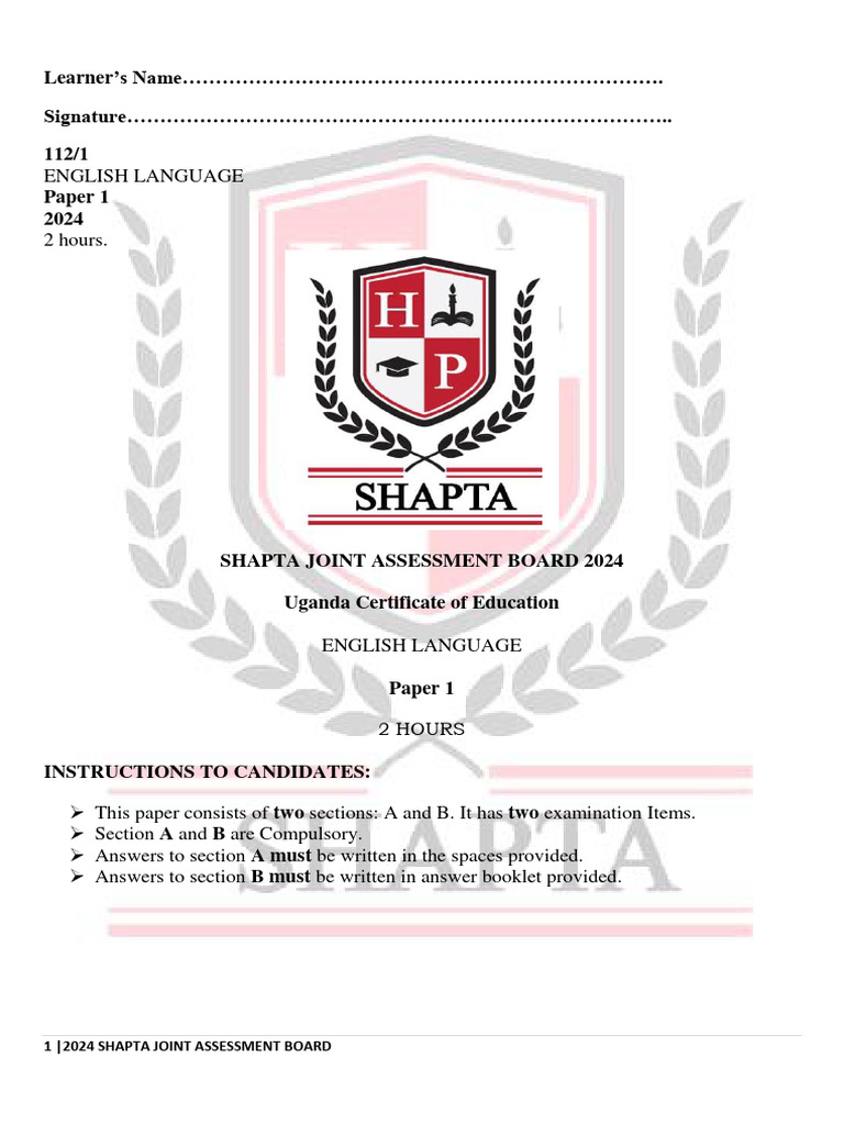 UCE English Paper 1 Guidelines 2024 | PDF | Libraries | Books