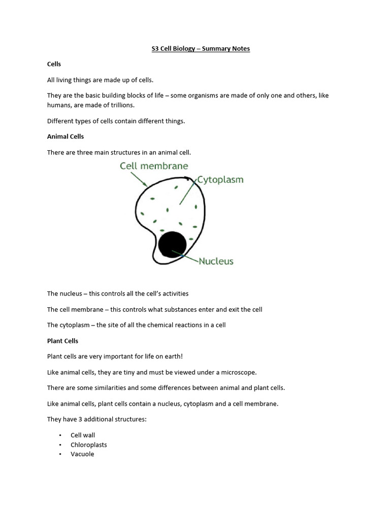 S3 Biology Summary Notes Unit 1 2is54kt | PDF | Cell (Biology) | Dna
