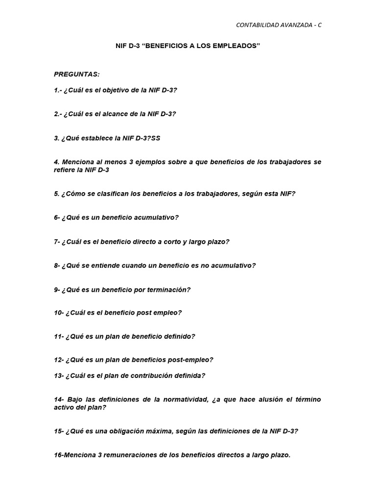 Preguntas NIF D-3 | PDF