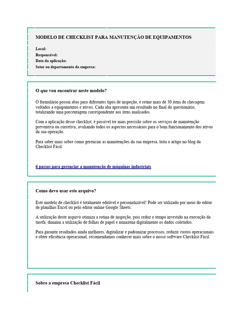 PT MR Modelo Checklist para Manutencao de Equipamentos | PDF