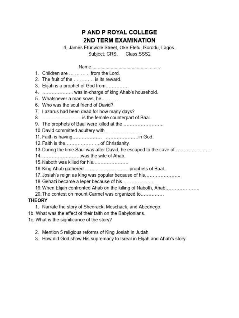 CRS Exam Questions for SSS2 Students | PDF