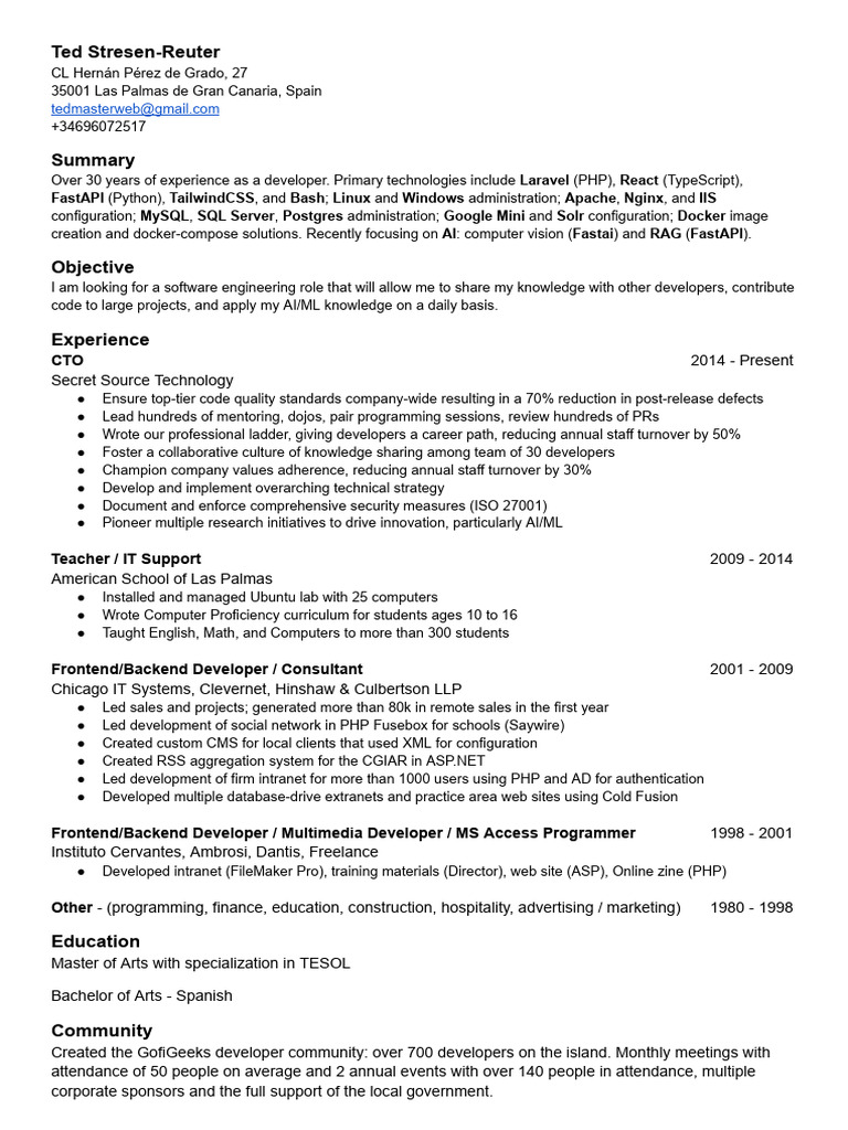 Ted Stresen-Reuter CV Software Engineer | PDF | Computing | Software