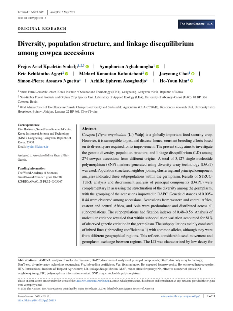 Diversity, Population Structure, and Linkage Disequilibrium Among Cowpea Accessions | PDF ...