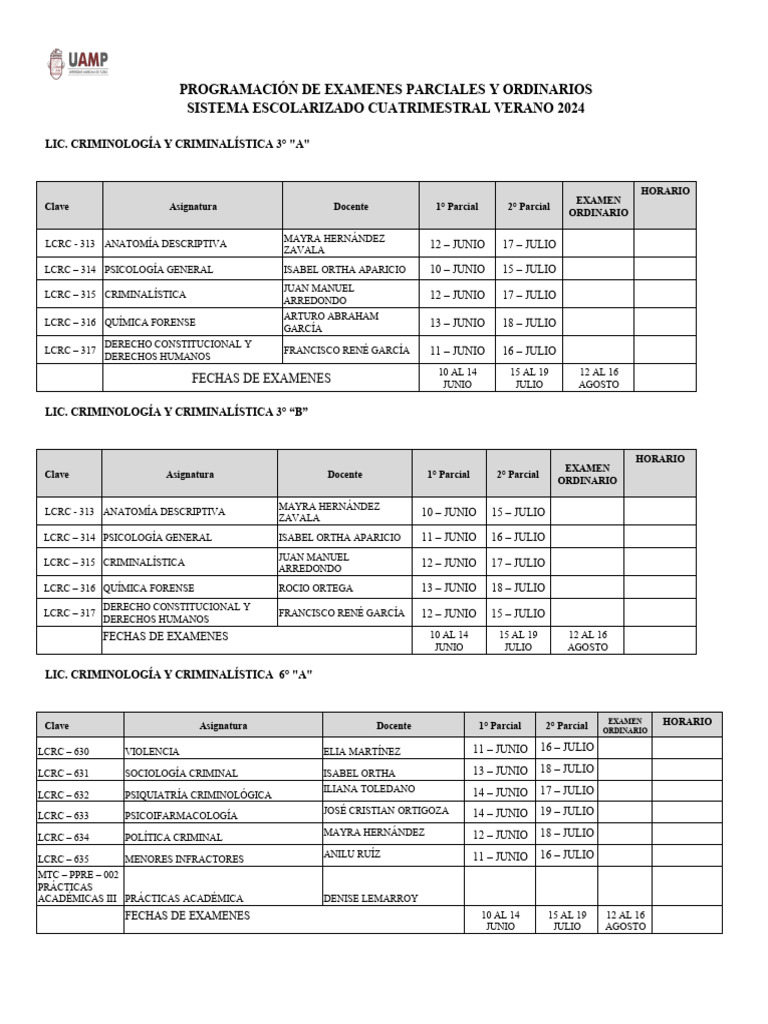 7.verano 2024 Criminología Programación de Examenes Escolarizado | PDF ...