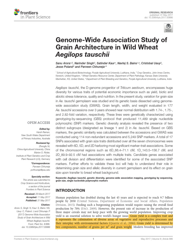 Arora et al. 2017 - GWAS of grain architecture in wild wheat | PDF | Single Nucleotide ...