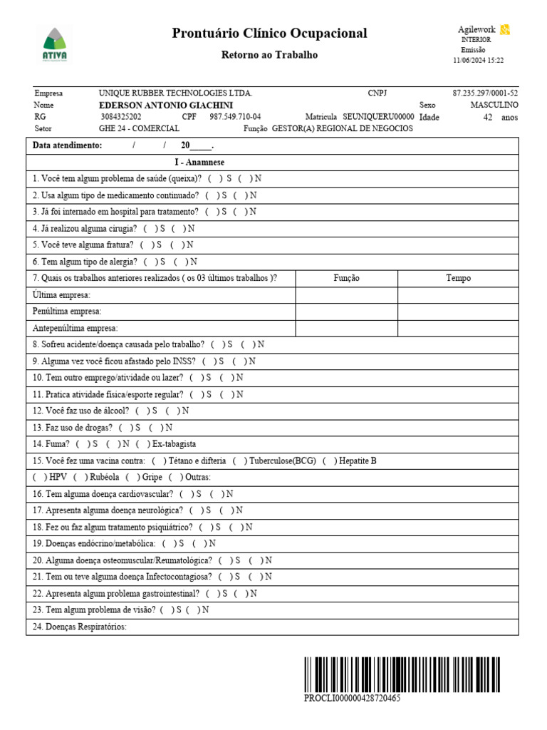 Prontuário Clinico Ocupacional - Ederson Antonio | PDF | Especialidades médicas | Ciências da Saúde