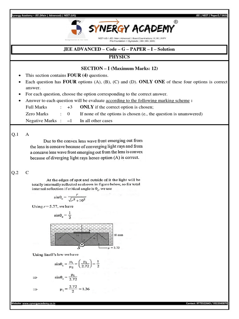 JEE Advanced Paper I Code G Solution-23.06.2024 | PDF | Multiple Choice ...