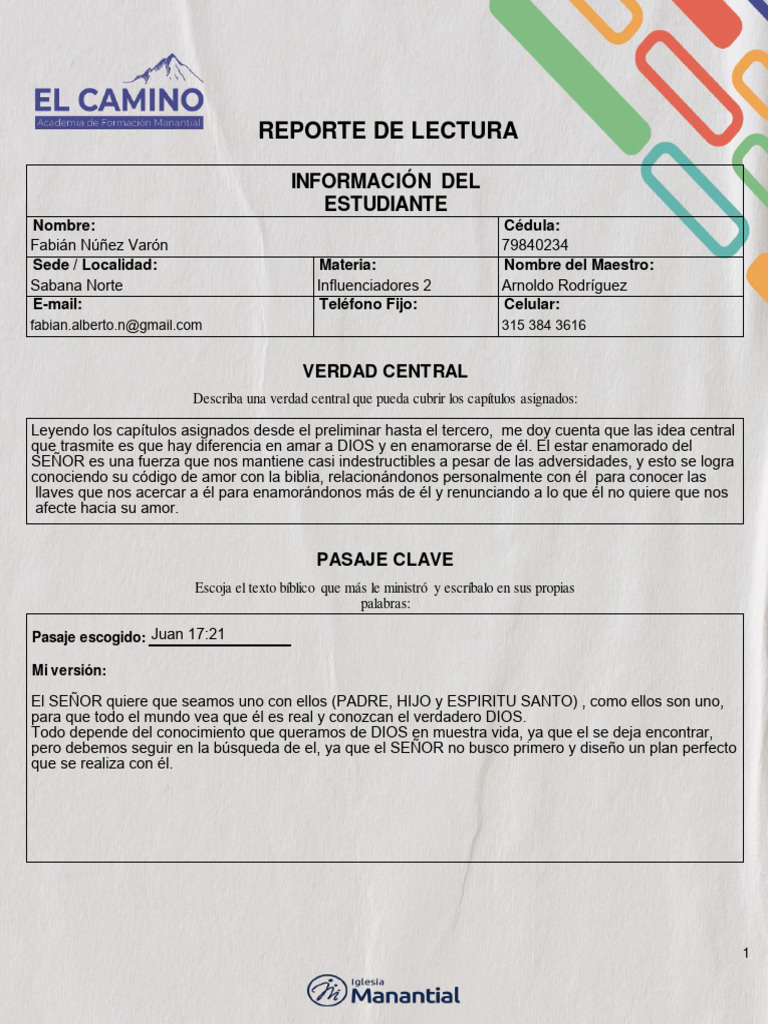 Reporte Lectura ¡Enamorate de Dios¡ Primera Entrega | PDF | Amor | Dios