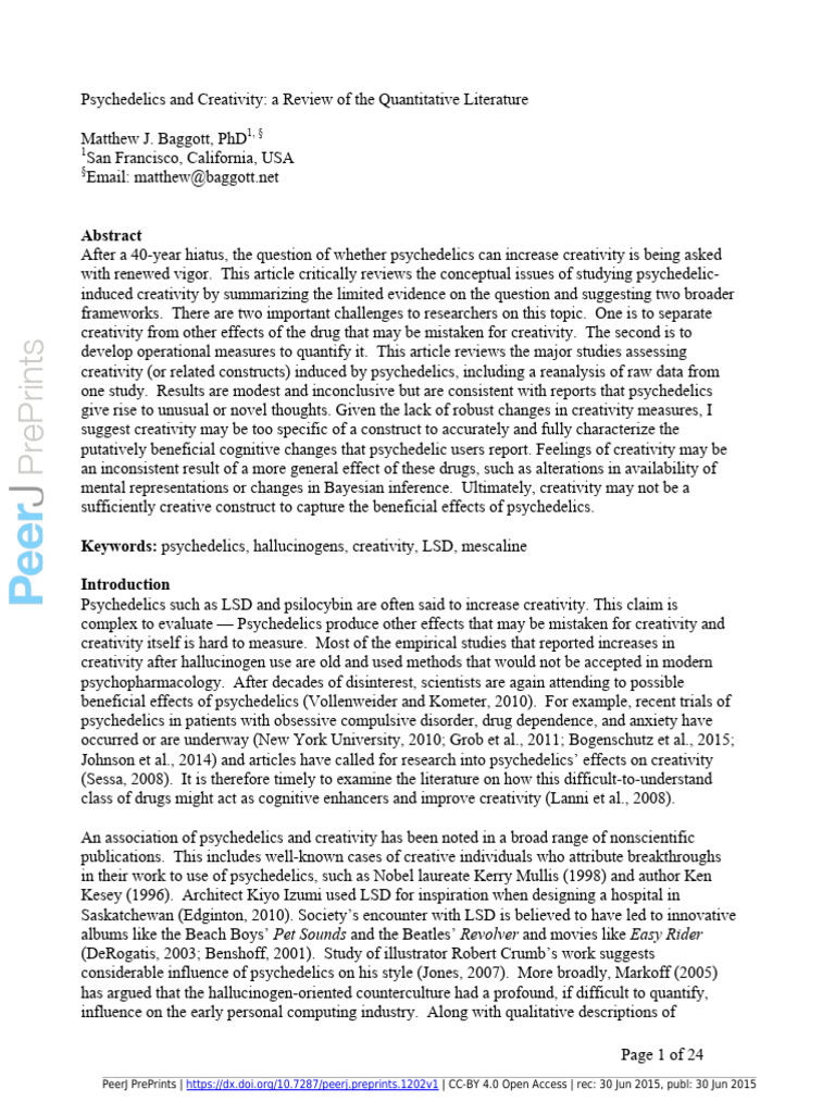 Psychedelics and Creativity A Review of The Quantitative Literature | PDF | Creativity ...