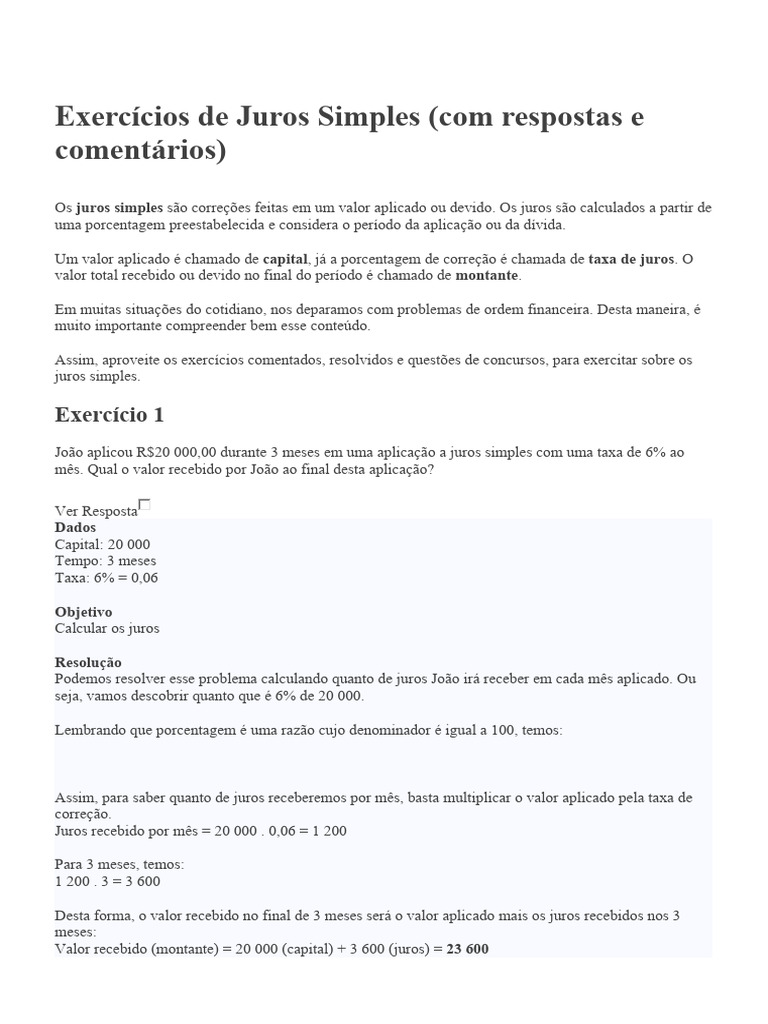 Exercícios de Juros Simples | PDF | Juros | Economias