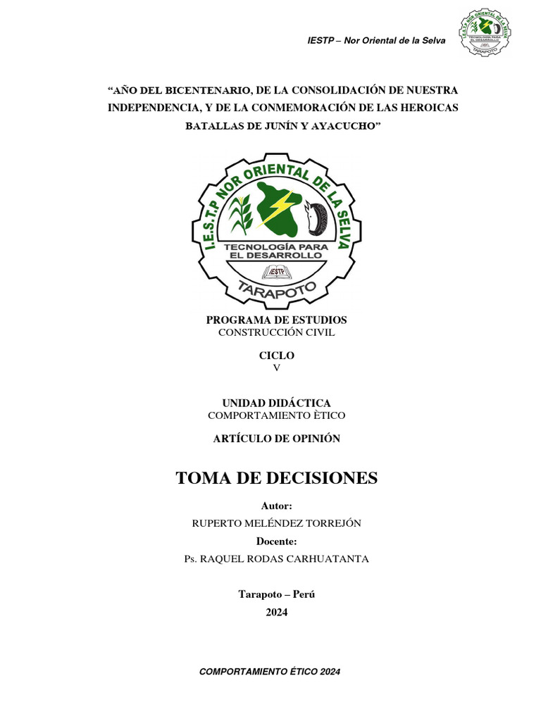 TOMA DE DECISIONES RUPERTO Isa | PDF | Toma de decisiones | Racionalidad