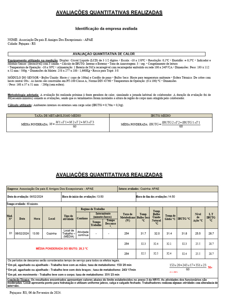 Avaliação - Quantitativa - IBUTG + Nível de Ação - Modelo | PDF ...