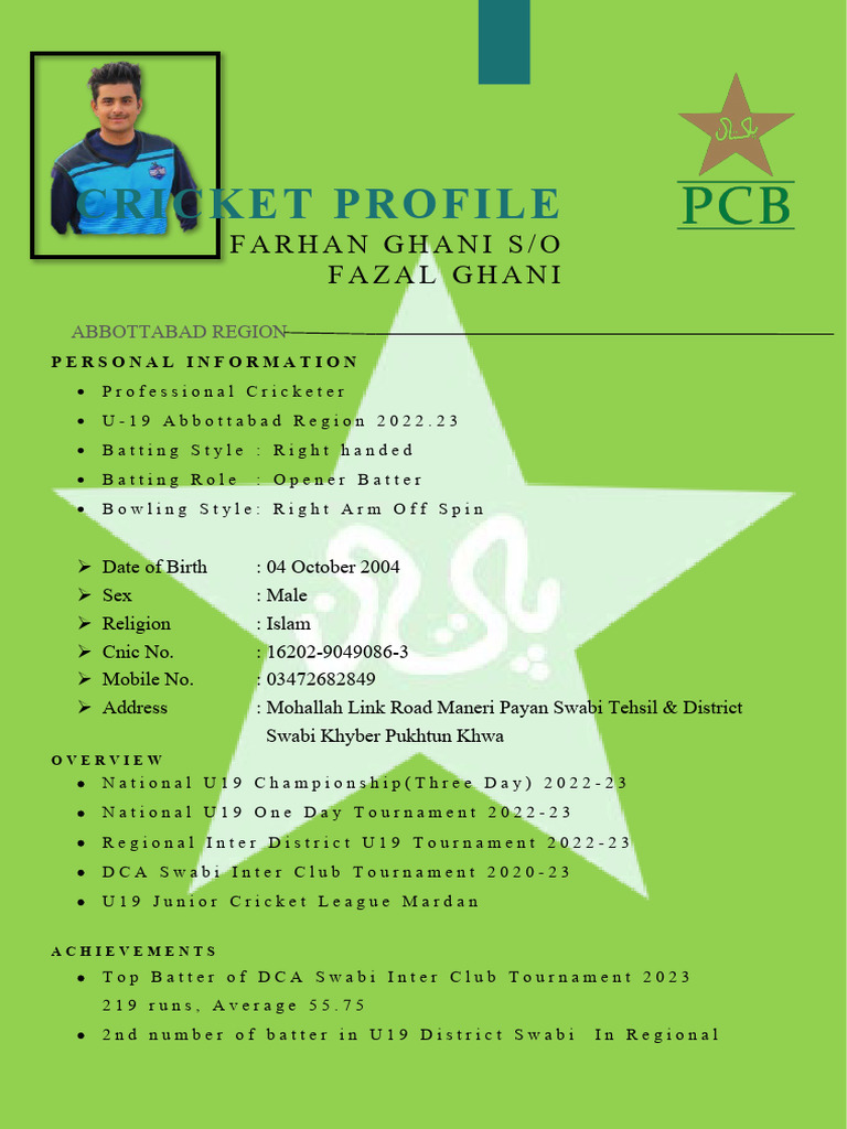 Farhan Ghani: U19 Cricket Profile | PDF | Sports & Recreation