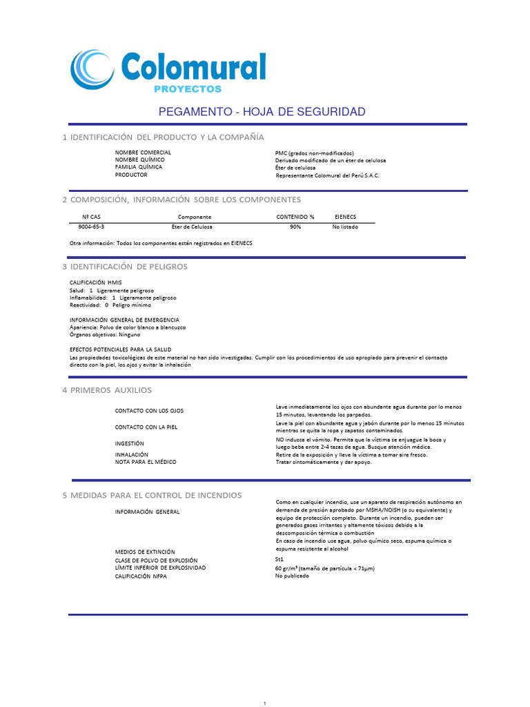 60 - Hoja de Seguridad MSDS - Pegamento Colomural | PDF | Agua | Toxicología