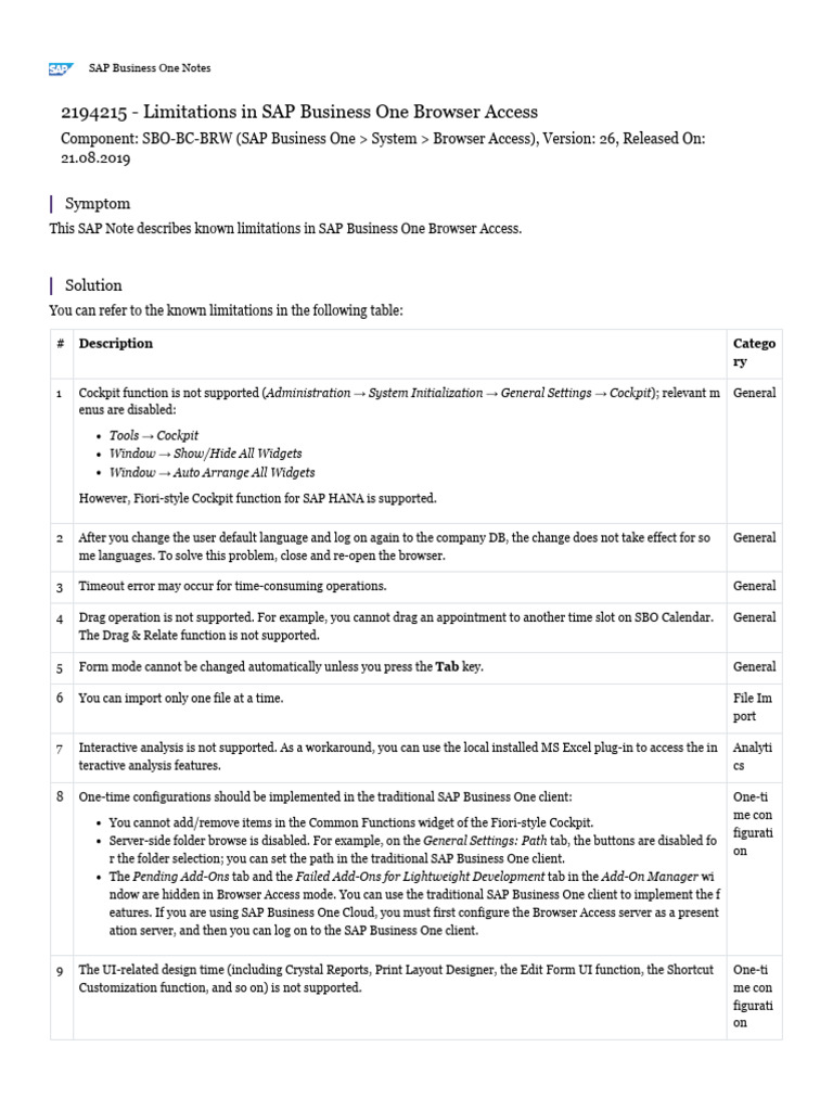 E - 20240527 Limitations in SAP Business One Browser Access | PDF | Window (Computing) | Menu ...
