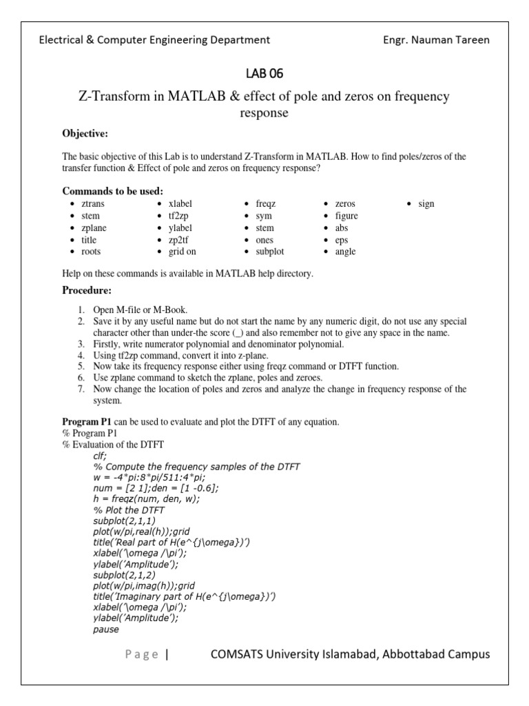 Dsp Lab 6 Z Transform In Matlab Pdf Applied Mathematics Mathematical Concepts