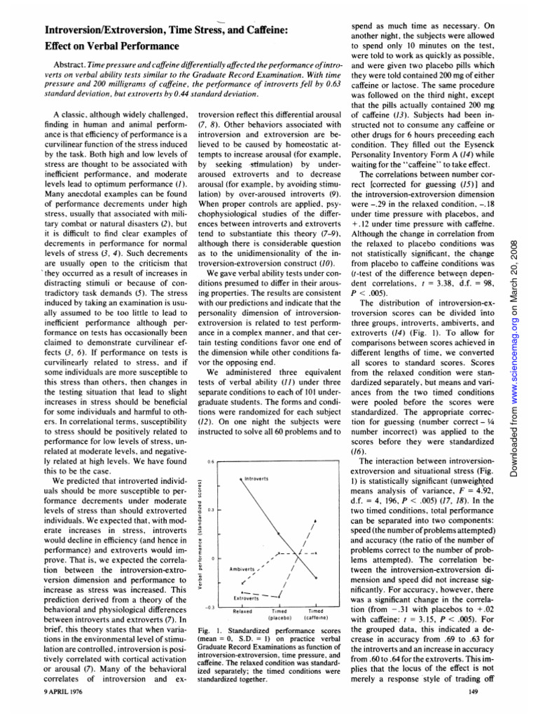 Introversion - Extroversion, Time Stres - , and Caffeine - Effect On Verbal Performance | PDF ...