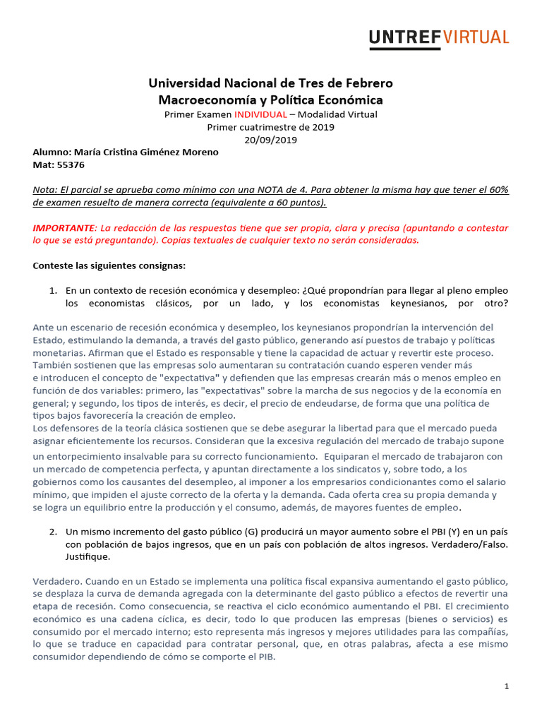Primer Parcial Macroeconomia UNTREF | PDF | La política fiscal | Producto Interno Bruto