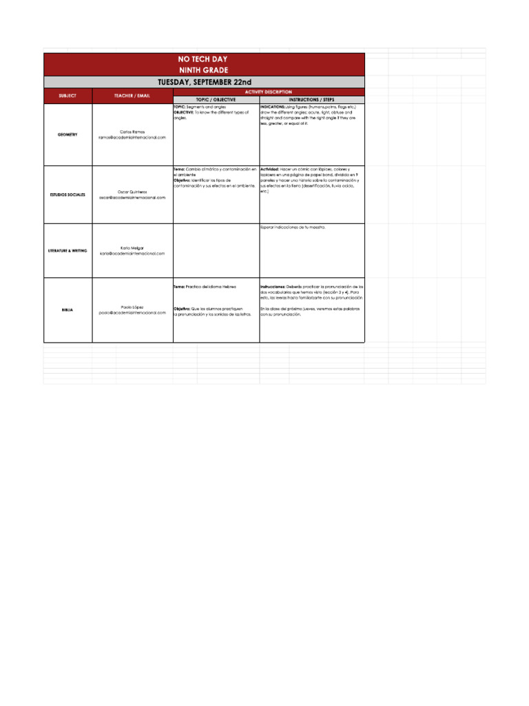 No Tech Day Schedule Tuesday 22nd - 9th | PDF
