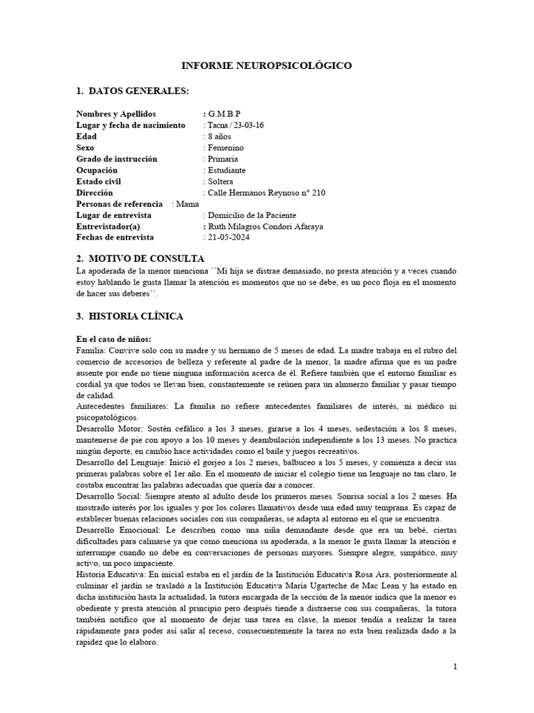 Formato de INFORME NEUROPSICOLÓGICO. Etapa I (5) | Descargar gratis PDF | Atención | Memoria