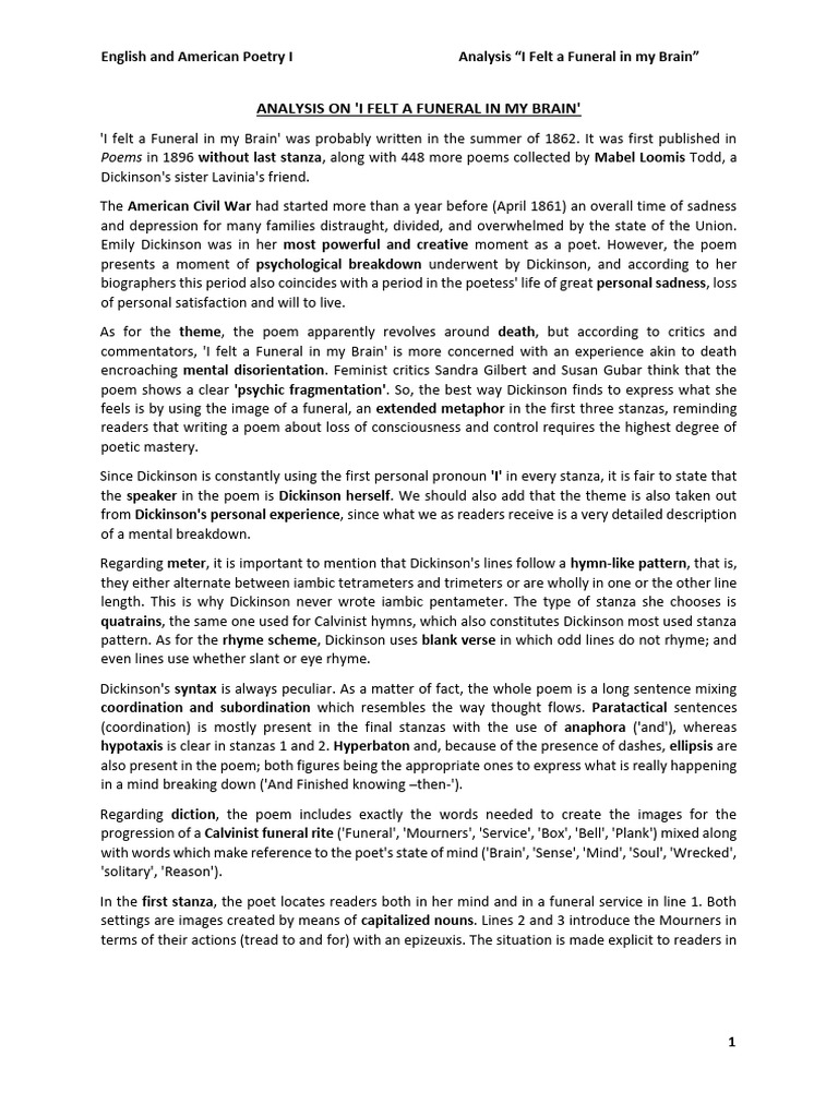 I Felt A Funeral in My Brain | PDF | Emily Dickinson | Poetry