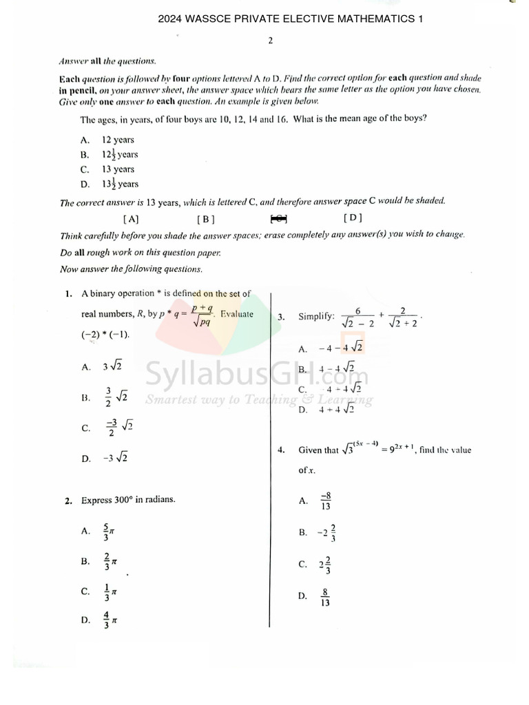 2024 Wassce Private Elective Maths 1 | PDF