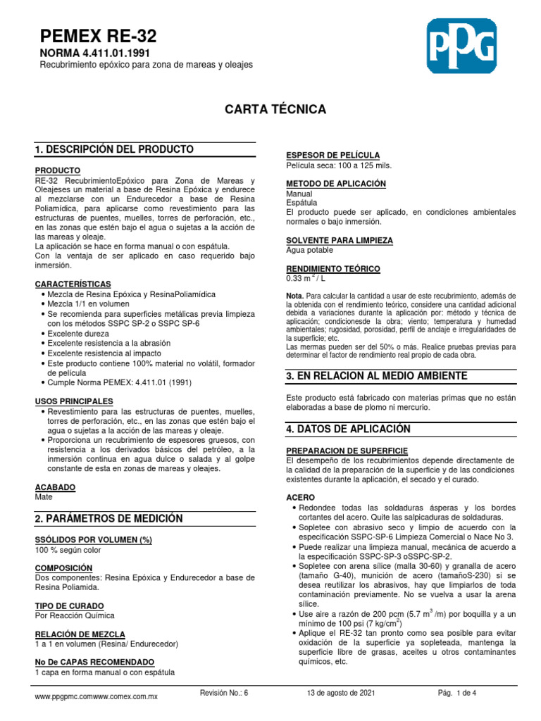 Carta Técnica PEMEX RE-32 | PDF | Agua | Revestimiento
