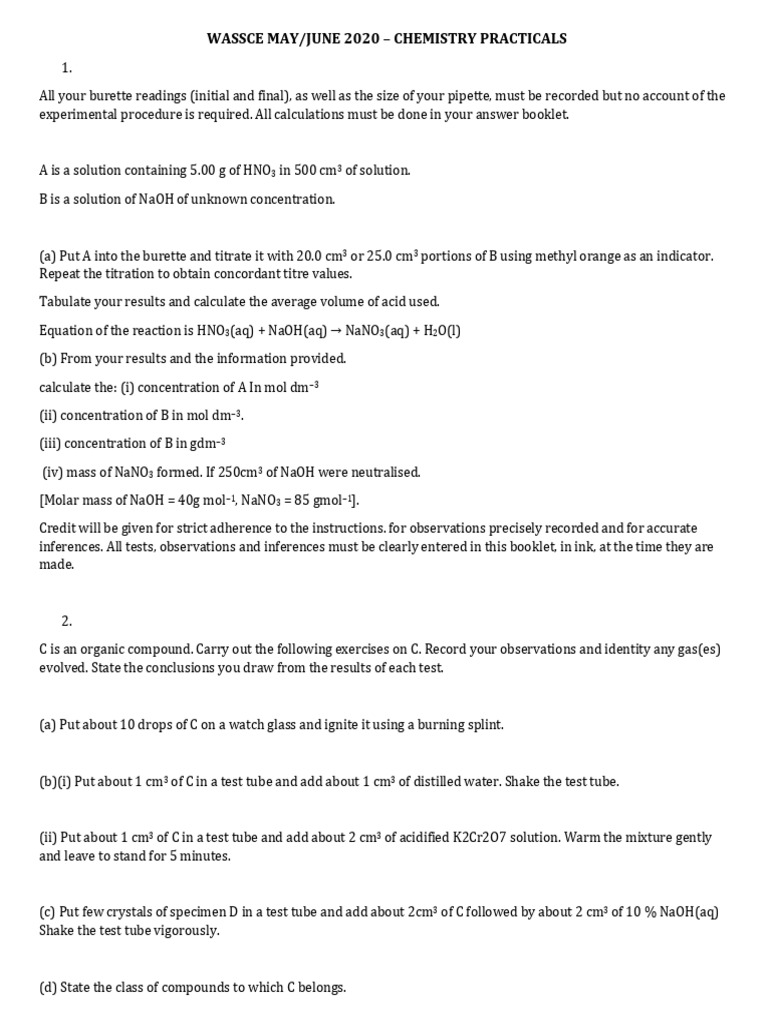 2020 Wassce Chemistry Practicals | PDF | Titration | Chemistry