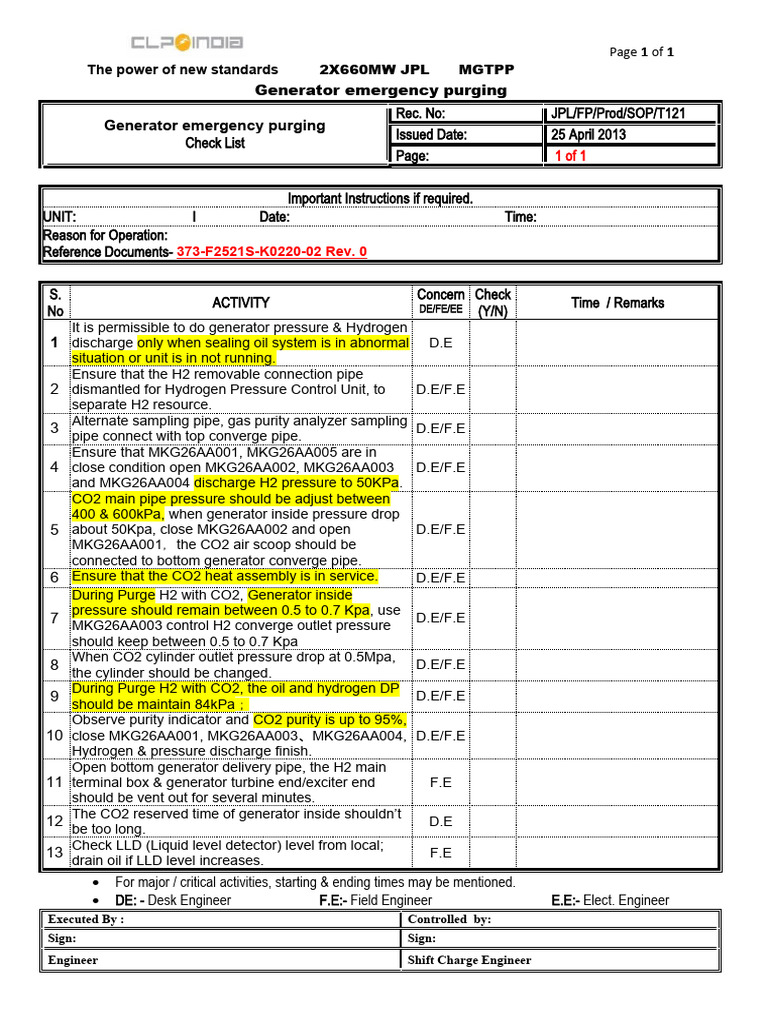 Generator Emergency Purging Pdf Energy Technology Mechanical