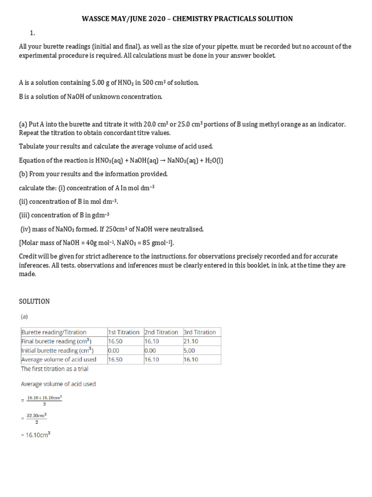 2020 Wassce Chemistry Practicals Solution | PDF | Titration | Chemistry