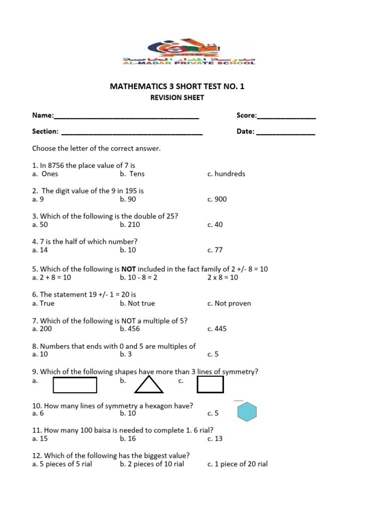 Grade 3 SHORT TEST NO. 1 REVIEWER | PDF | Shape | Euclidean Geometry