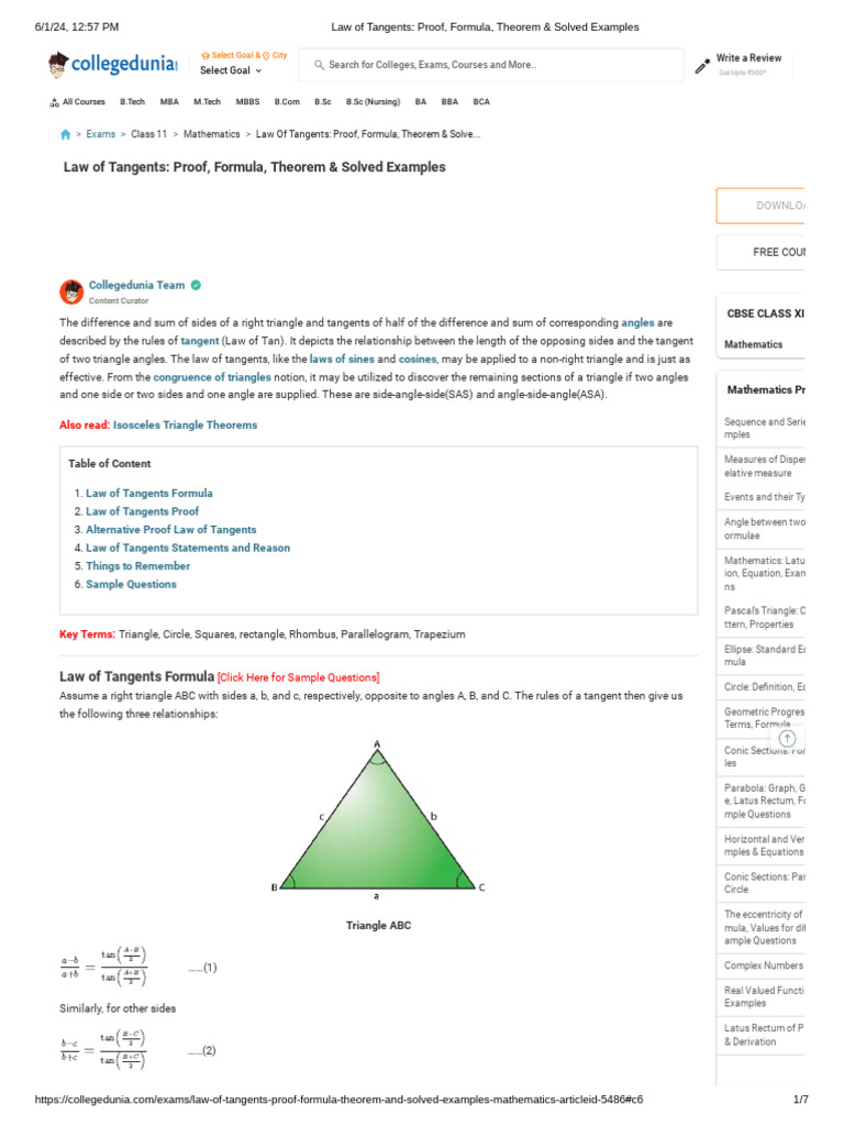 Law of Tangents_ Proof, Formula, Theorem & Solved Examples | Download Free PDF | Trigonometric ...