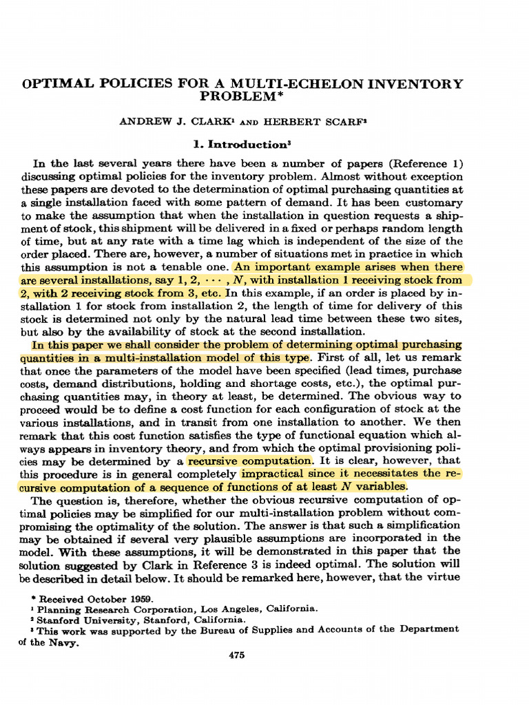 Optimal Policies For A Multi-Echelon Inventory Problem (MS) | PDF | Inventory | Recursion