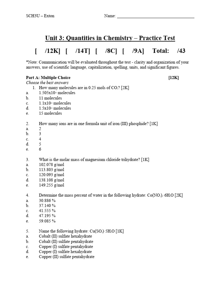 Quantities Unit Practice Test | PDF | Chemical Compounds | Atoms