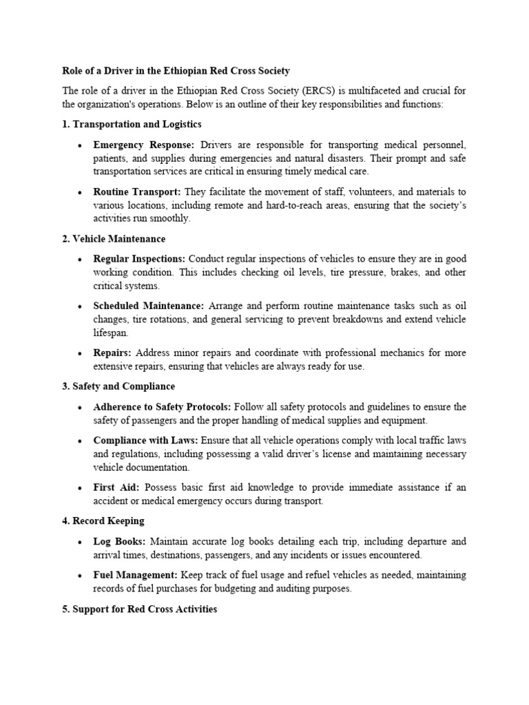 Role of A Driver in The Ethiopian Red Cross Society | PDF | Emergency ...