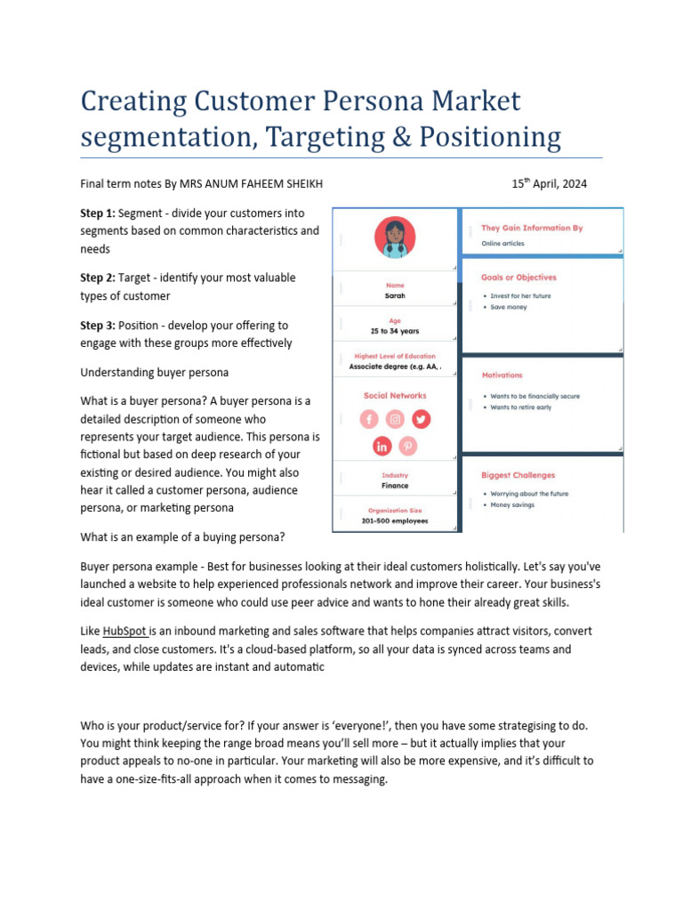Creating Customer Persona Market Segmentation Entrep | PDF | Marketing ...