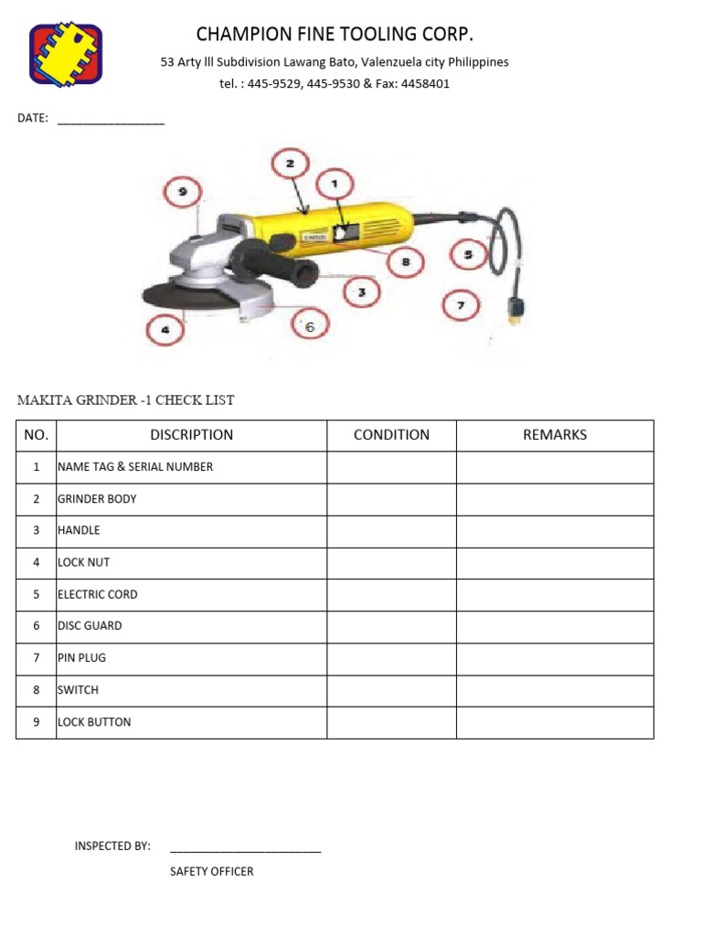Cordless Makita Grinder Check List | PDF | Forklift | Automotive Industry