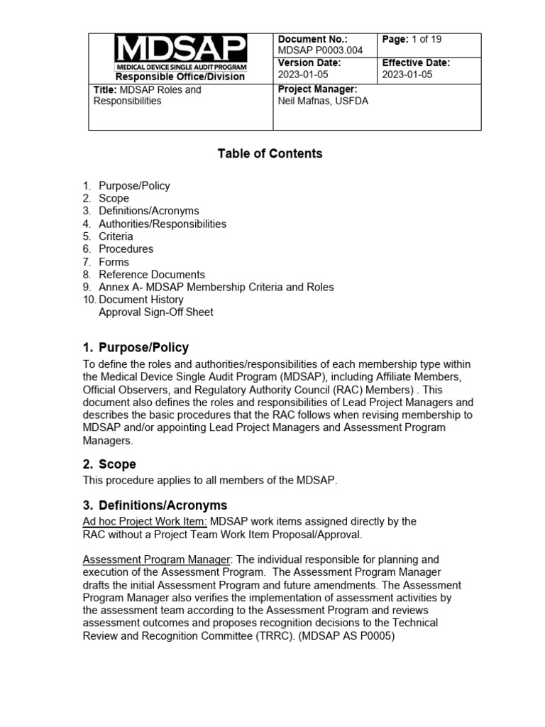 MDSAP Roles & Responsibilities | PDF | Medical Device | Quality ...