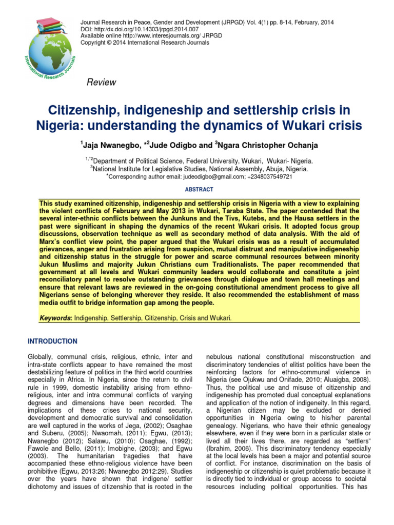 Citizenship Indigeneship and Settlership Crisis in Nigeria ...