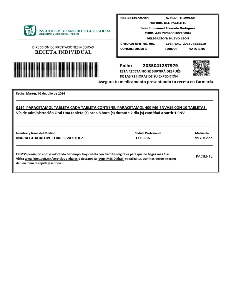 Receta Médica IMSS Digital | PDF