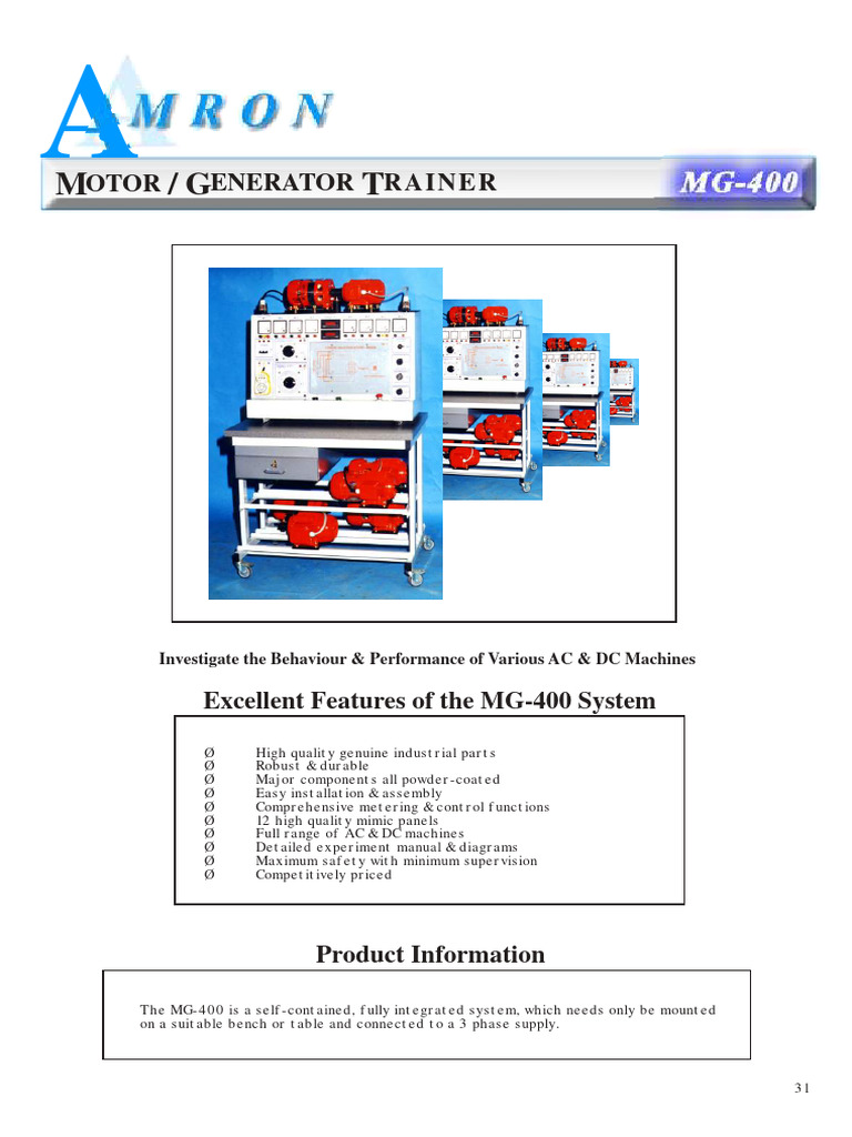 8-Mg-400-Motor-Generator-Trainer (Data Sheet) | PDF | Electric Motor ...