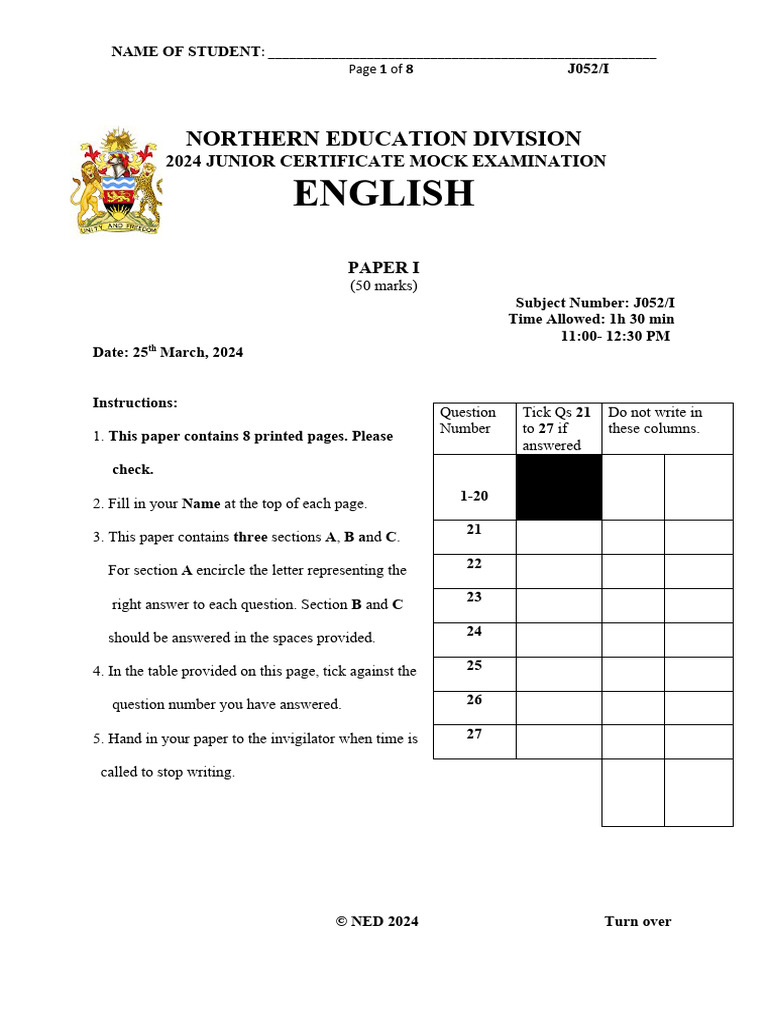 English JCE Paper I | PDF | Adverb | Adjective