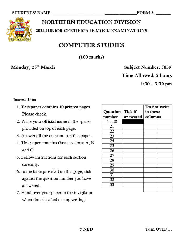 2024 Ned Computer Studies Jce Mock | PDF | Computer Hardware | Random Access Memory