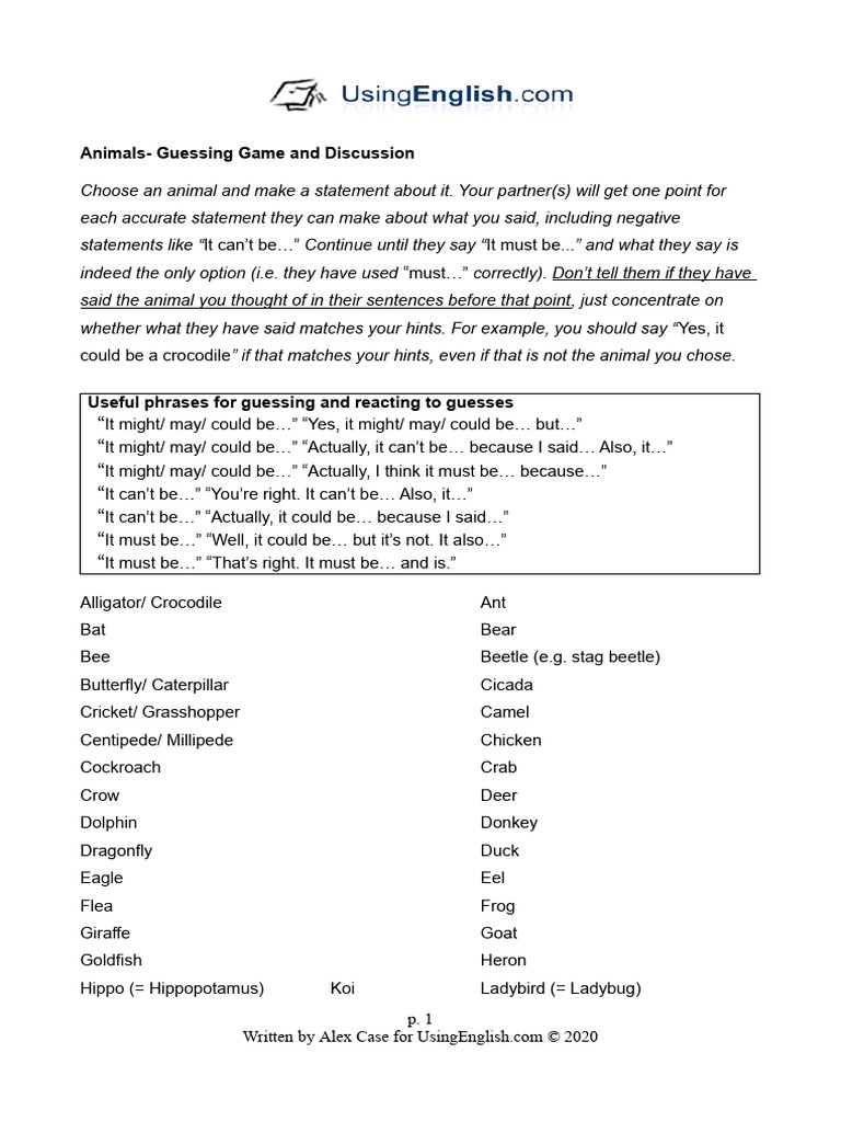Animals Guessing Game and Discussion | PDF | Pet | Zoology
