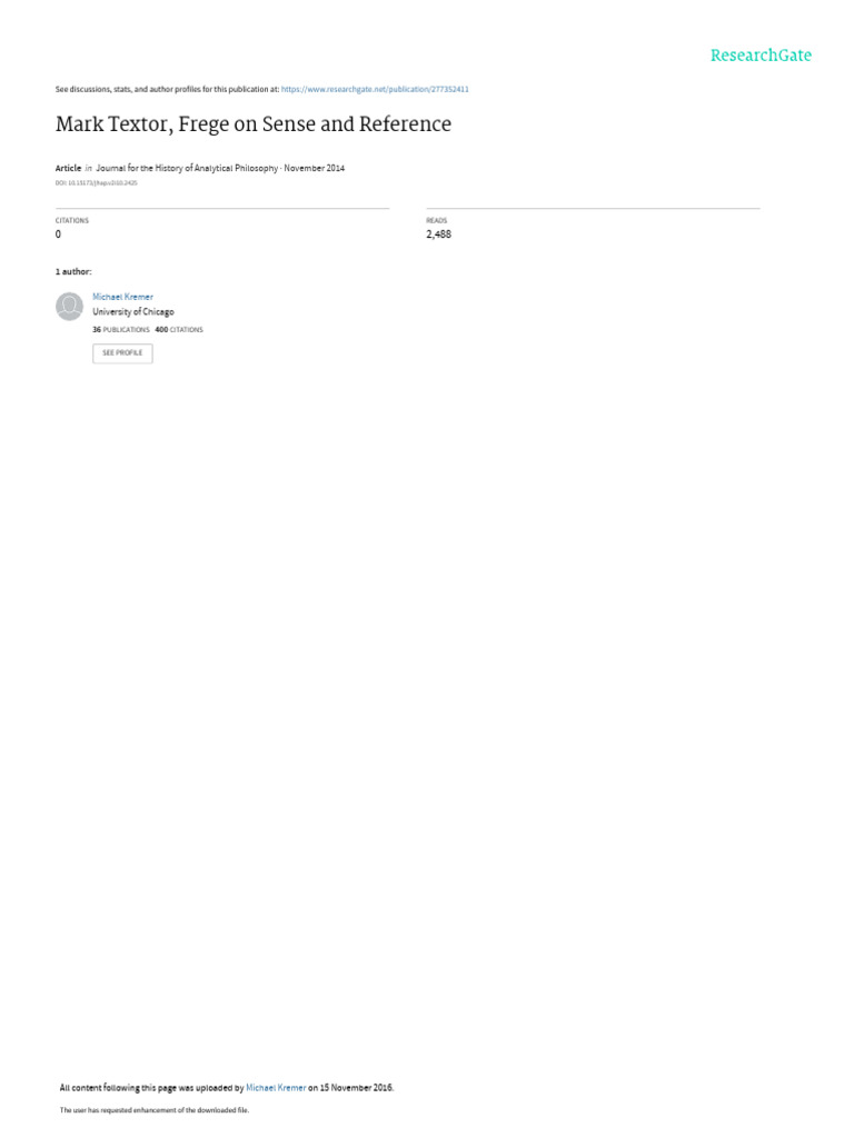 Mark Textor Frege On Sense and Reference | PDF | Thought | Gottlob Frege